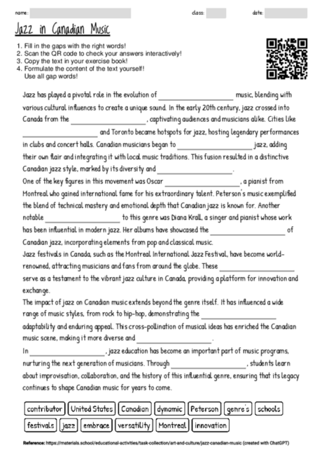 Worksheet with the topic "Jazz in Canadian Music" | MATERIALS.SCHOOL