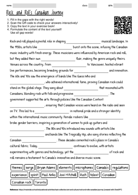 Worksheet with the topic "Rock and Roll's Canadian Journey" | MATERIALS ...