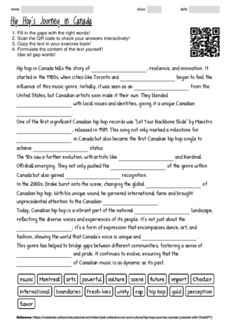 Worksheet with the topic "Hip Hop's Journey in Canada" | MATERIALS.SCHOOL