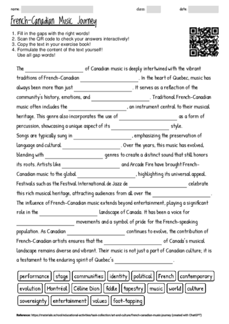 Worksheet with the topic "French-Canadian Music Journey" | MATERIALS.SCHOOL