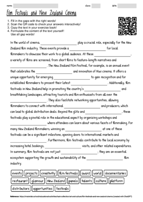 Worksheet with the topic "Film Festivals and New Zealand Cinema ...