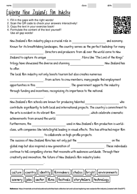 Worksheet with the topic "Exploring New Zealand's Film Industry ...