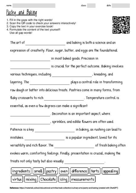 Worksheet with the topic "Pastry and Baking" | MATERIALS.SCHOOL