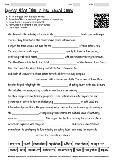 Worksheet with the topic "Exploring Acting Talent in New Zealand Cinema ...