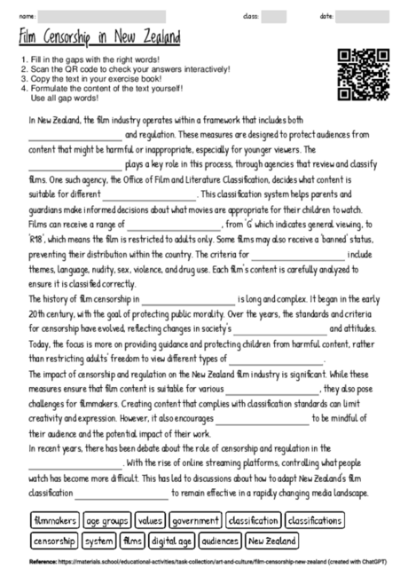 Worksheet with the topic "Film Censorship in New Zealand" | MATERIALS ...