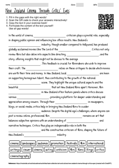 Worksheet with the topic "New Zealand Cinema Through Critics' Eyes ...