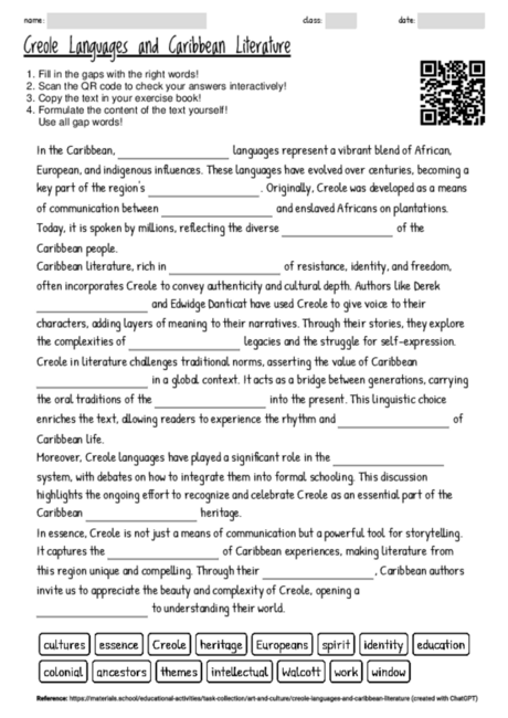 Worksheet with the topic "Creole Languages and Caribbean Literature ...