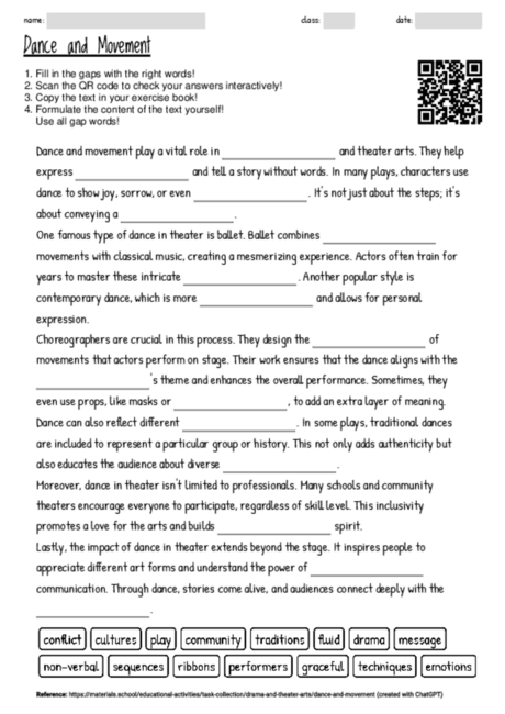 Worksheet with the topic "Dance and Movement" | MATERIALS.SCHOOL