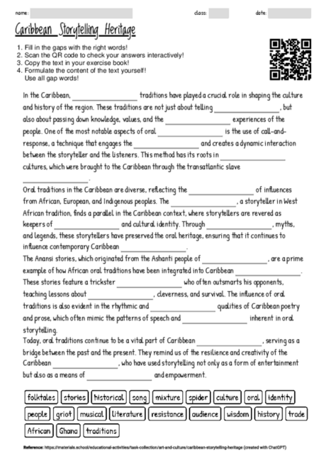 Worksheet with the topic "Caribbean Storytelling Heritage" | MATERIALS ...