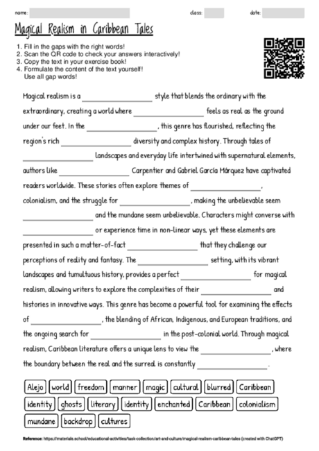 Worksheet with the topic "Magical Realism in Caribbean Tales ...