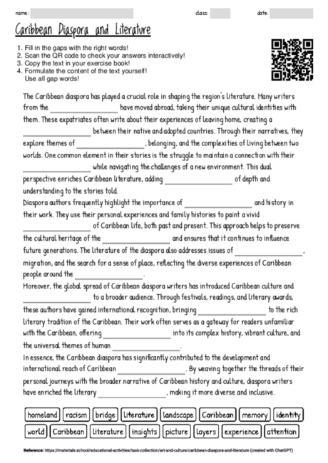 Worksheet with the topic "Caribbean Diaspora and Literature ...
