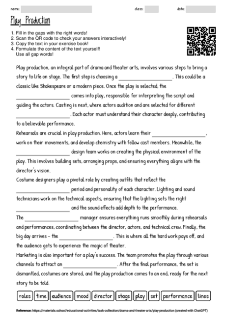 Worksheet with the topic "Play Production" | MATERIALS.SCHOOL