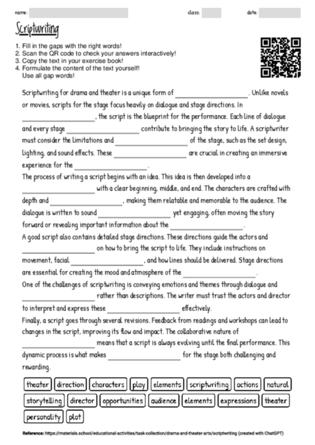 Worksheet with the topic "Scriptwriting" | MATERIALS.SCHOOL