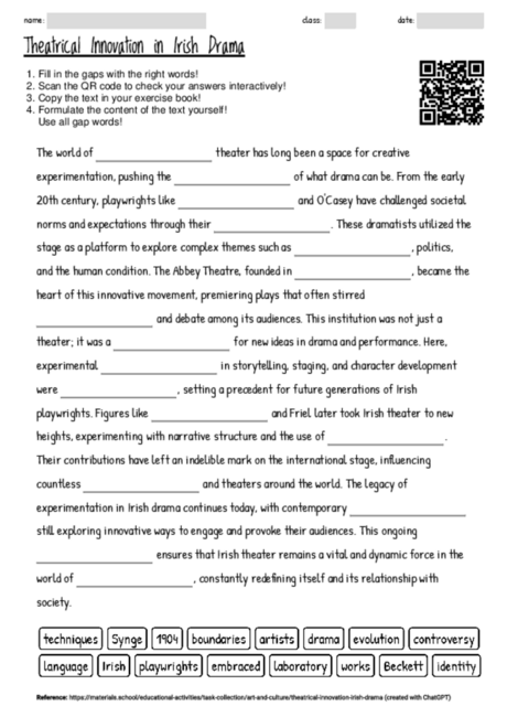 Worksheet with the topic "Theatrical Innovation in Irish Drama ...