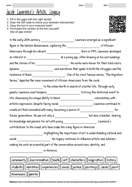 Worksheet with the topic "Jacob Lawrence's Artistic Legacy" | MATERIALS ...