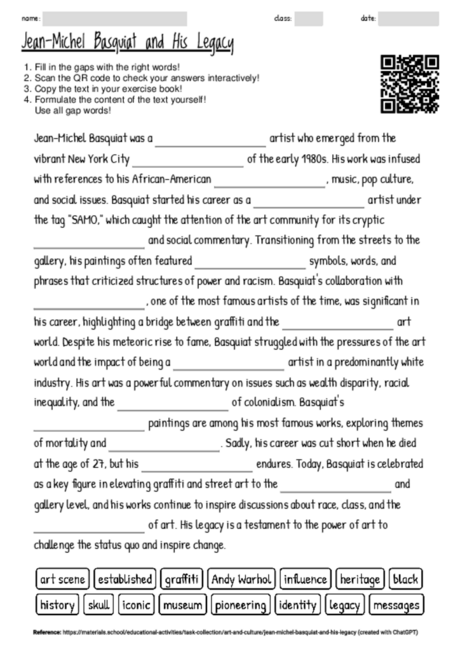 Worksheet with the topic "Jean-Michel Basquiat and His Legacy ...
