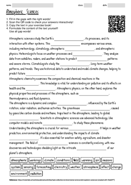 Worksheet with the topic "Atmospheric Sciences" | MATERIALS.SCHOOL