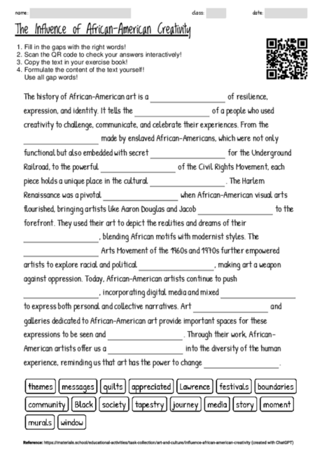 Worksheet with the topic "The Influence of African-American Creativity ...