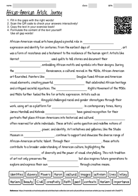 Worksheet with the topic "African-American Artistic Journey ...