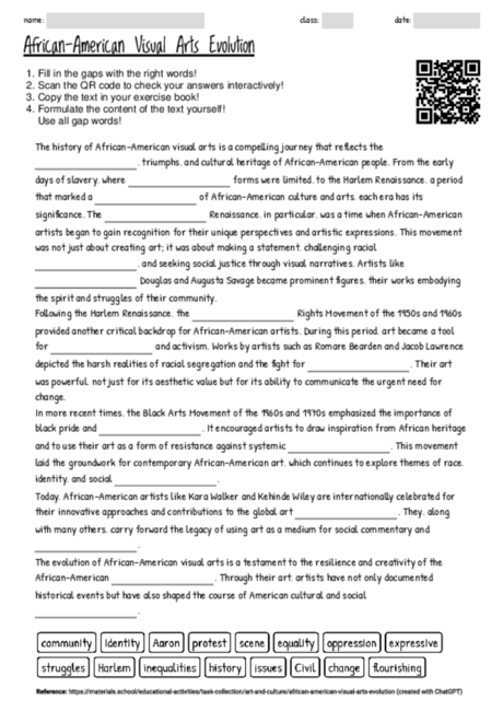 Worksheet with the topic "African-American Visual Arts Evolution ...