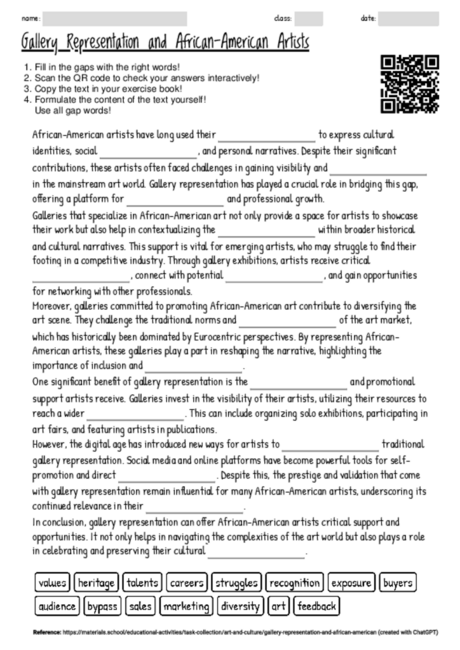 Worksheet with the topic "Gallery Representation and African-American ...