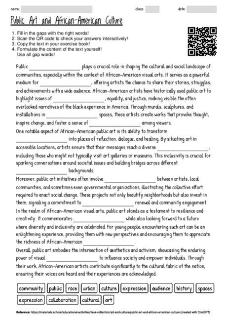 Worksheet with the topic "Public Art and African-American Culture ...