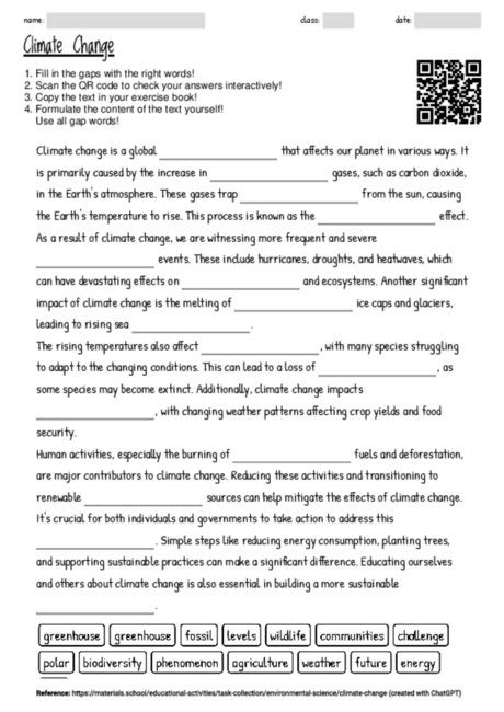 Worksheet with the topic "Climate Change" | MATERIALS.SCHOOL