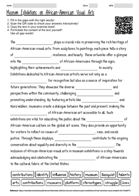 Worksheet with the topic "Museum Exhibitions on African-American Visual ...