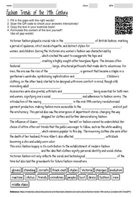 Worksheet with the topic "Fashion Trends of the 19th Century ...