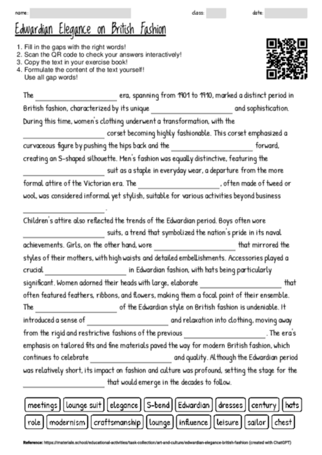 Worksheet with the topic "Edwardian Elegance on British Fashion ...
