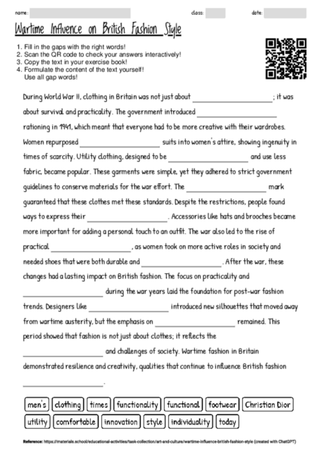 Worksheet with the topic "Wartime Influence on British Fashion Style ...