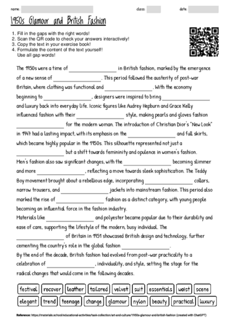 Worksheet with the topic "1950s Glamour and British Fashion ...