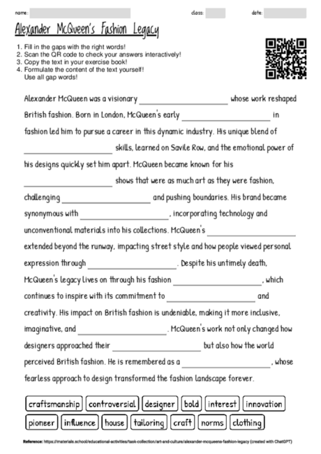Worksheet with the topic "Alexander McQueen's Fashion Legacy ...