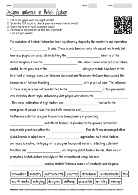 Worksheet with the topic "Designer Influence in British Fashion ...