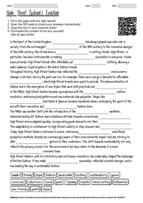 Worksheet with the topic "High Street Fashion's Evolution" | MATERIALS ...