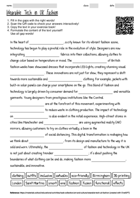 Worksheet with the topic "Wearable Tech in UK Fashion" | MATERIALS.SCHOOL