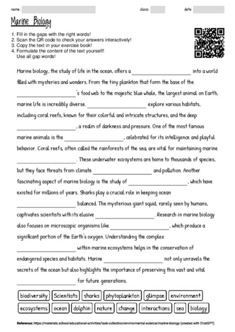 Worksheet with the topic "Marine Biology" | MATERIALS.SCHOOL