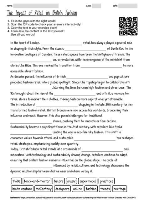 Worksheet with the topic "The Impact of Retail on British Fashion ...