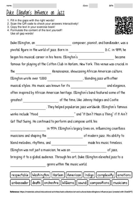 Worksheet with the topic "Duke Ellington's Influence on Jazz ...