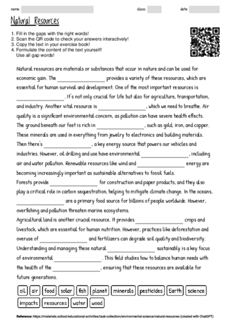 Worksheet with the topic "Natural Resources" | MATERIALS.SCHOOL