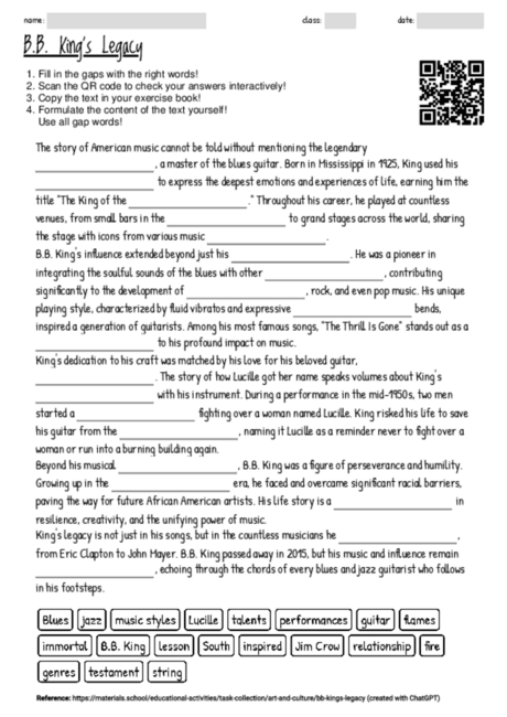 Worksheet with the topic "B.B. King's Legacy" | MATERIALS.SCHOOL