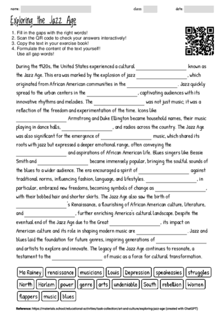 Worksheet with the topic "Exploring the Jazz Age" | MATERIALS.SCHOOL