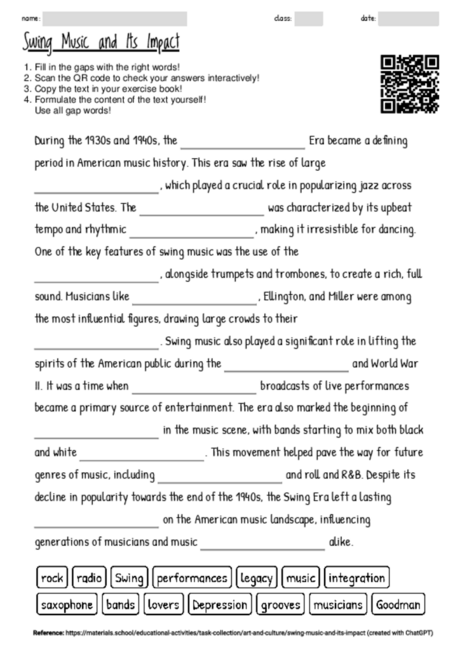 Worksheet with the topic "Swing Music and Its Impact" | MATERIALS.SCHOOL