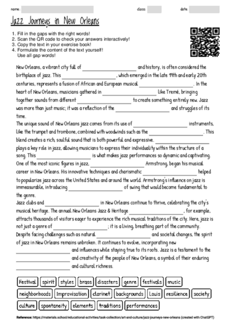 Worksheet with the topic "Jazz Journeys in New Orleans" | MATERIALS.SCHOOL