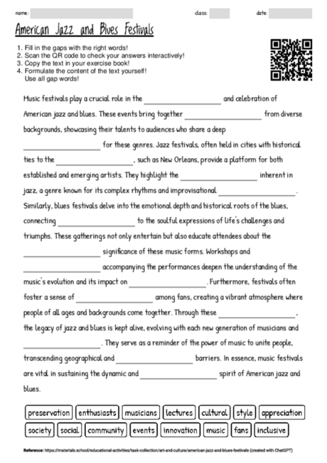 Worksheet with the topic "American Jazz and Blues Festivals ...