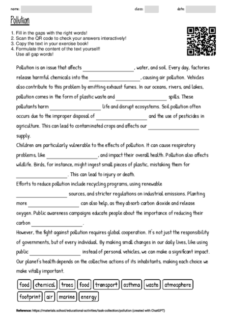Worksheet with the topic "Pollution" | MATERIALS.SCHOOL