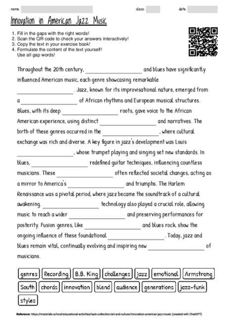 Worksheet with the topic "Innovation in American Jazz Music ...