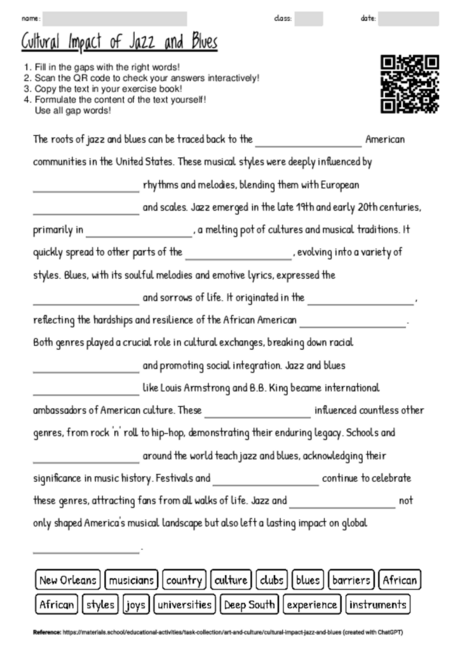 Worksheet with the topic "Cultural Impact of Jazz and Blues ...