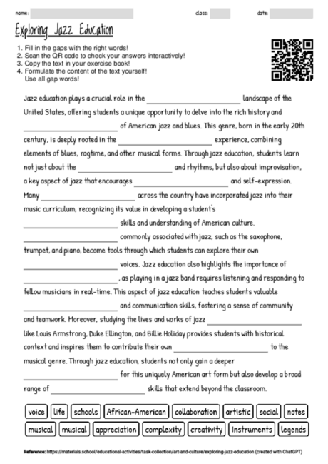 Worksheet with the topic "Exploring Jazz Education" | MATERIALS.SCHOOL