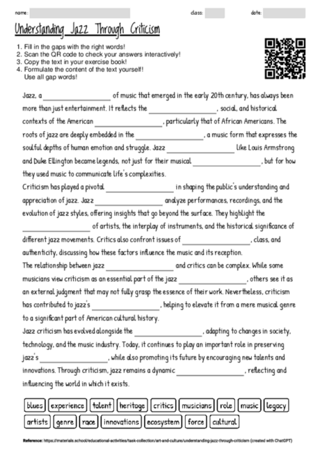 Worksheet with the topic "Understanding Jazz Through Criticism ...